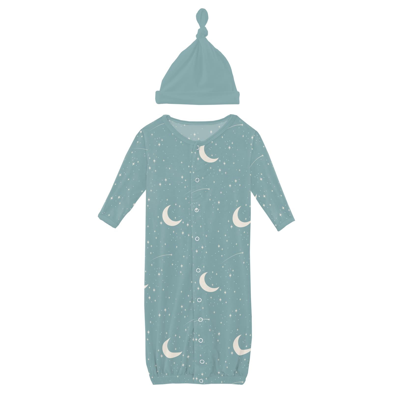 Print Layette Gown Converter & Single Knot Hat Set in Jade Starry Sky
