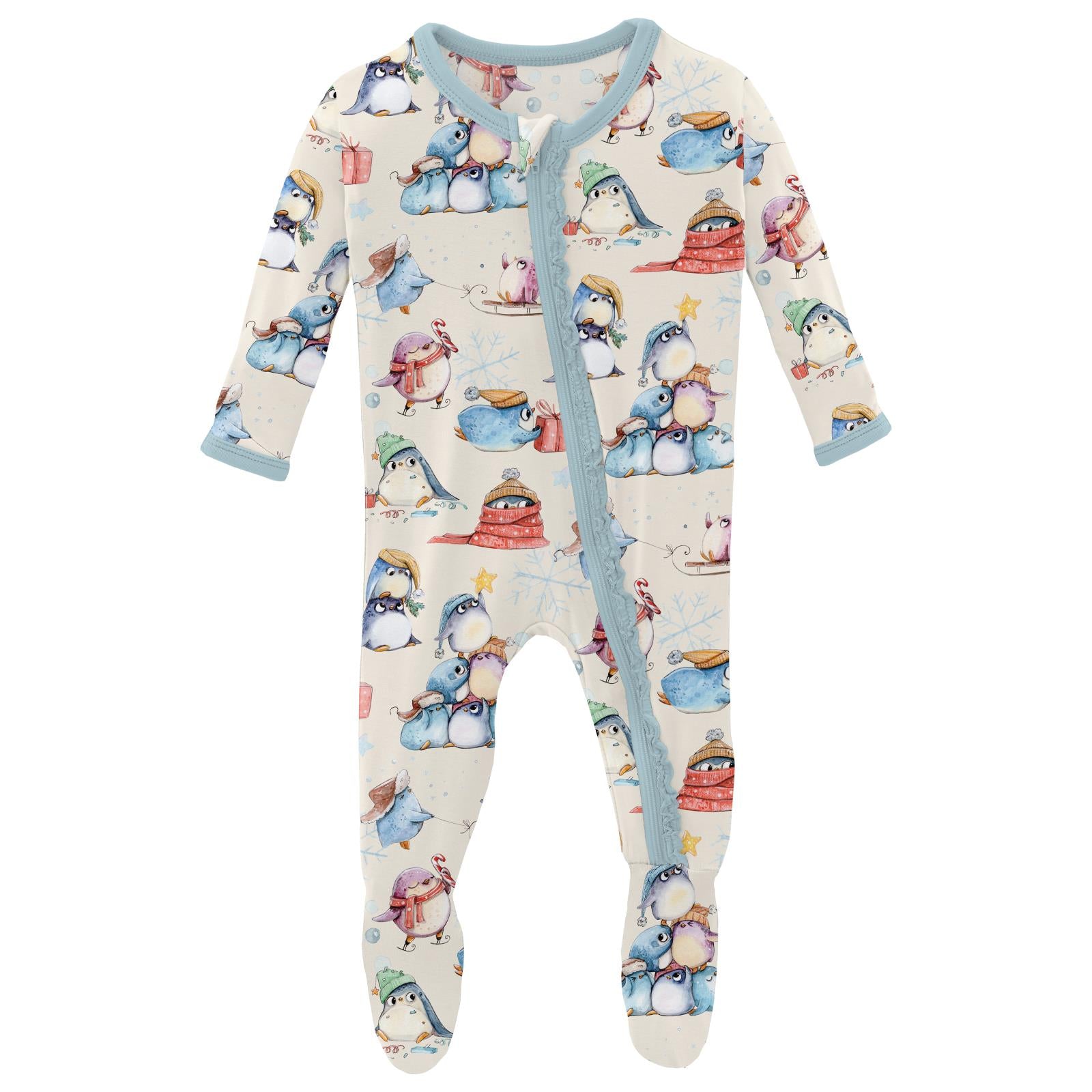 Print Muffin Ruffle Footie with 2 Way Zipper in Natural Silly Penguins
