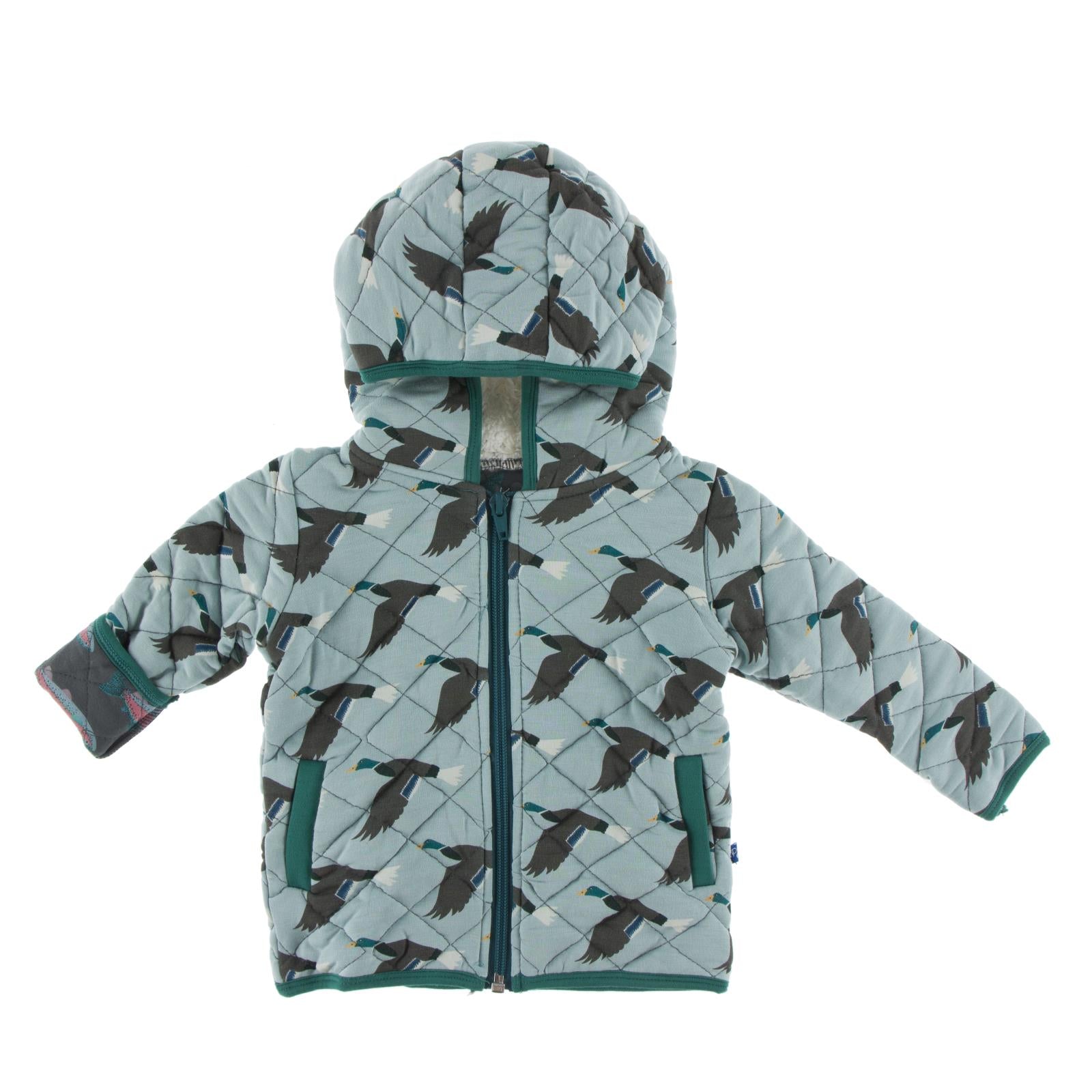 Print Quilted Jacket with Sherpa-Lined Hood in Jade Mallard Duck/Stone