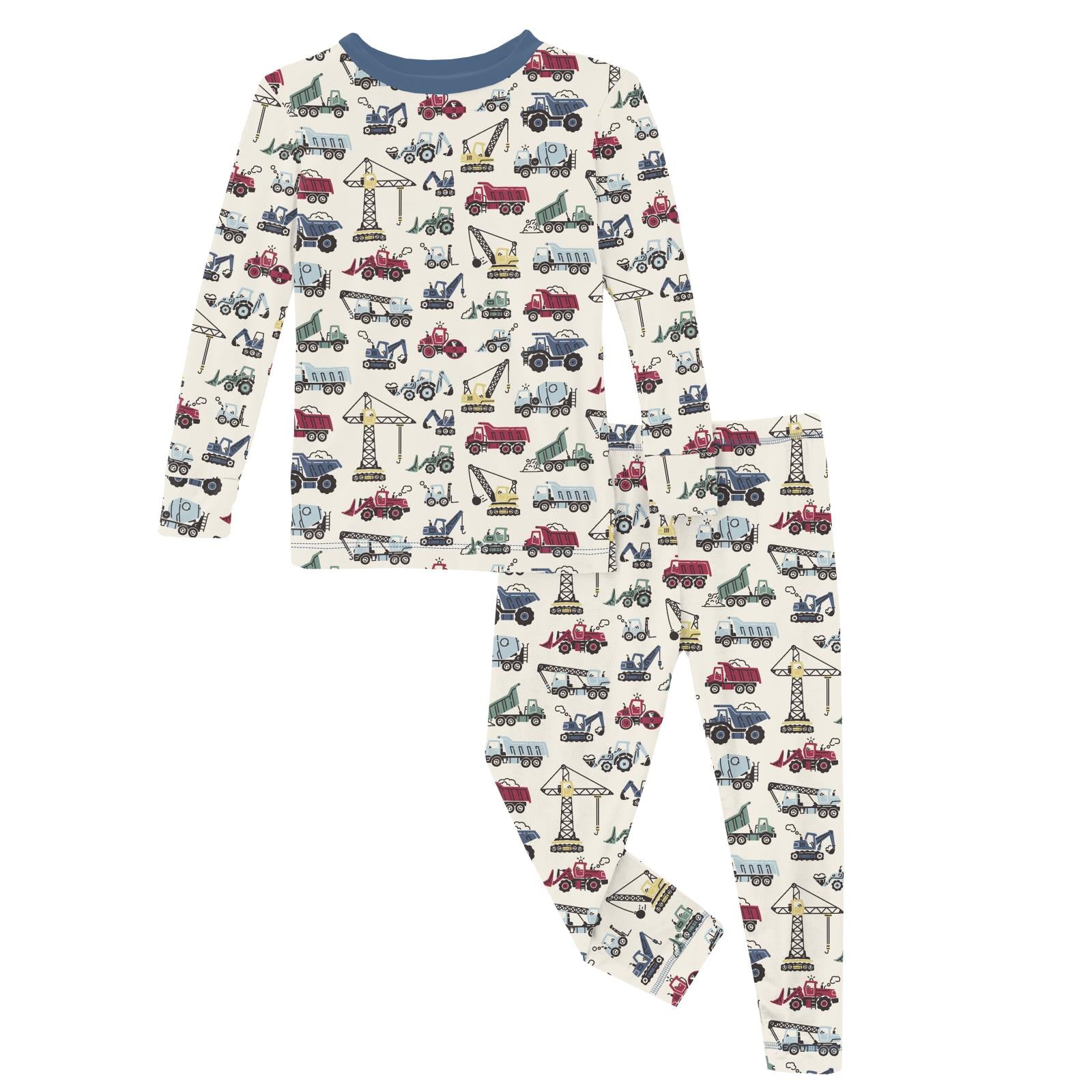 Print Long Sleeve Pajama Set in Natural Construction Trucks