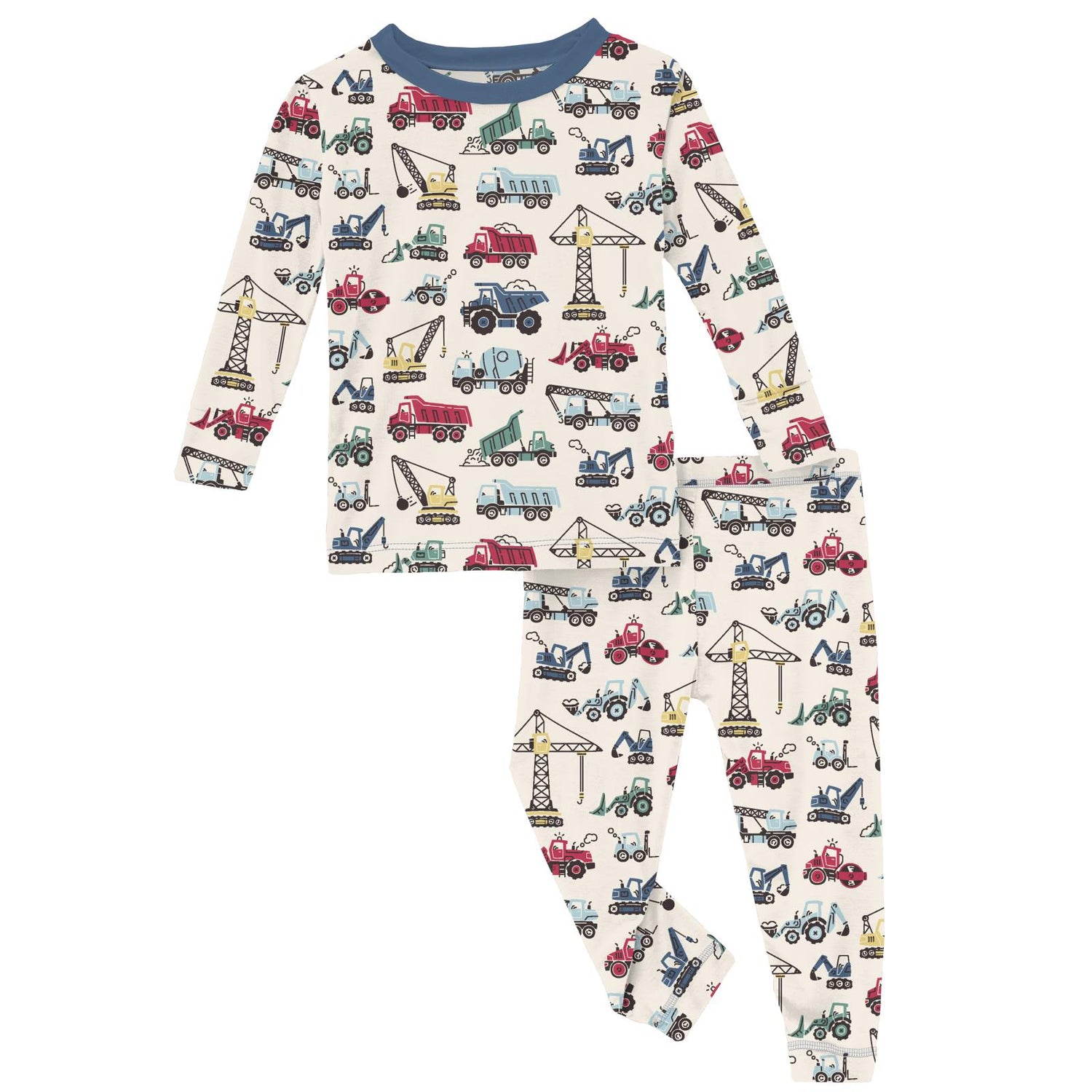 Print Long Sleeve Pajama Set in Natural Construction Trucks
