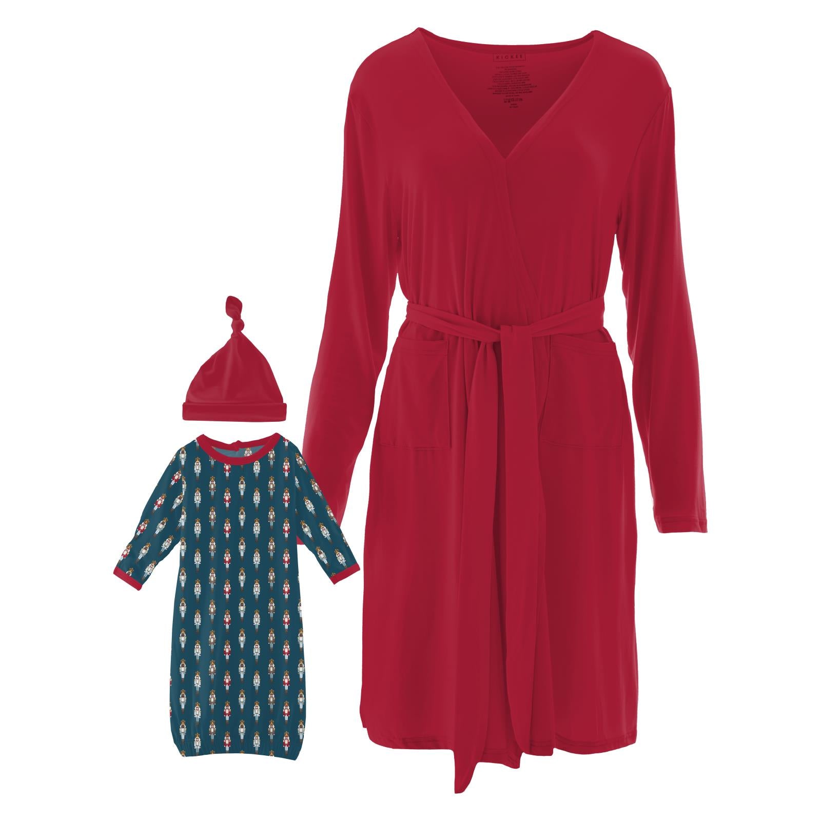 Women's Print Mid Length Lounge Robe & Layette Gown Set in Peacock Nut