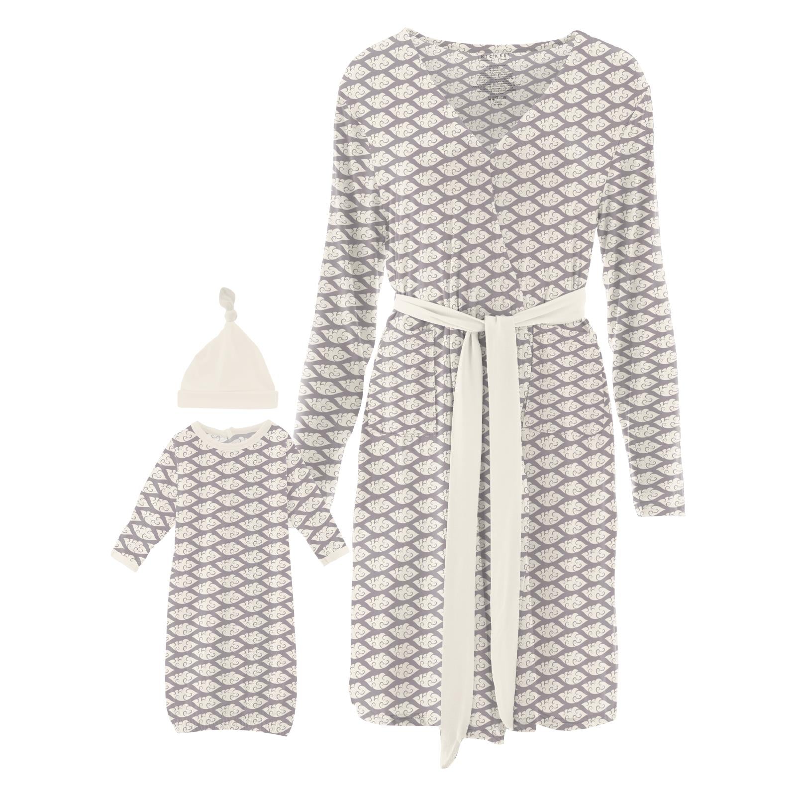 Women's Print Mid Length Lounge Robe & Layette Gown Set in Feather Clo