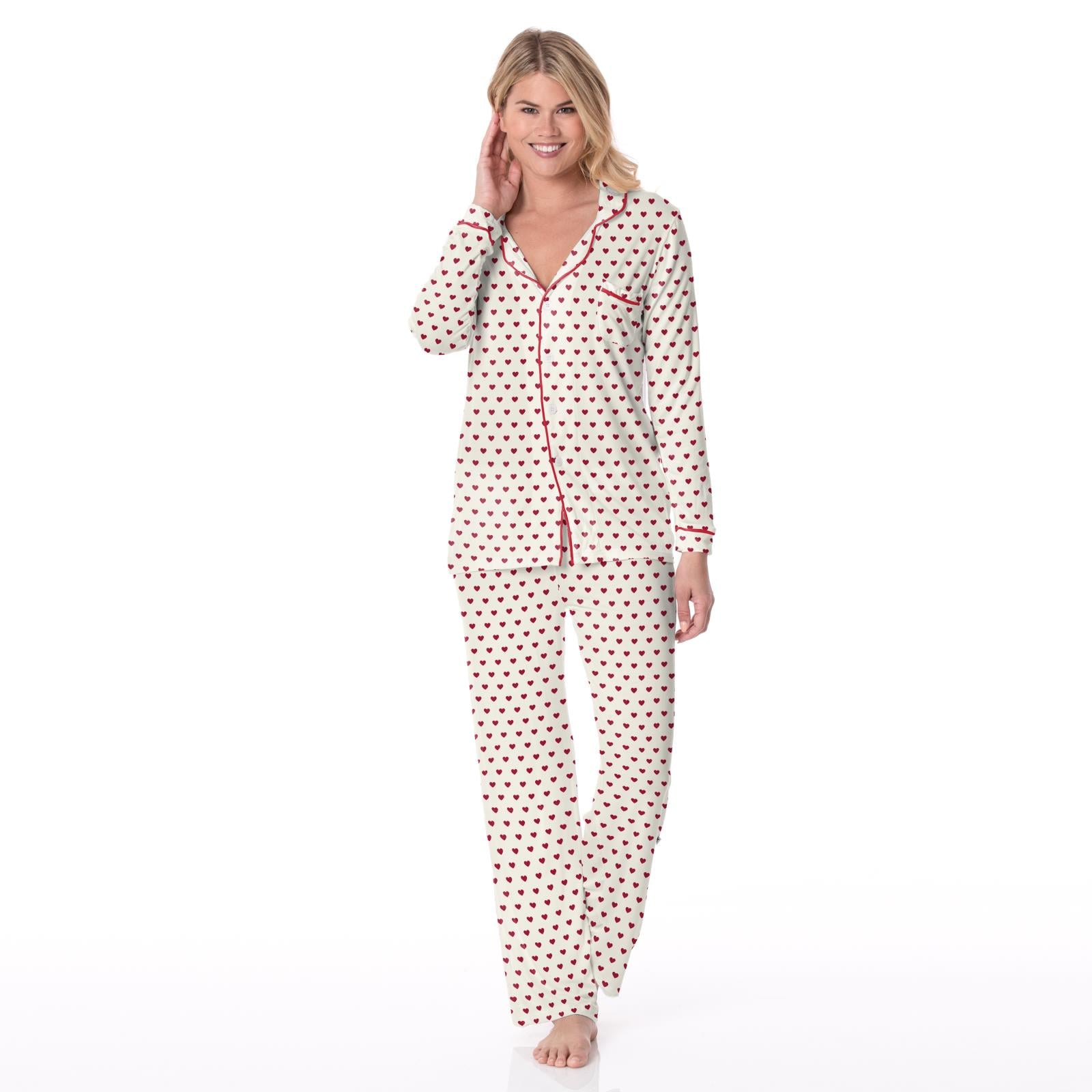 Women's Print Long Sleeve Collared Pajama Set in Natural Hearts