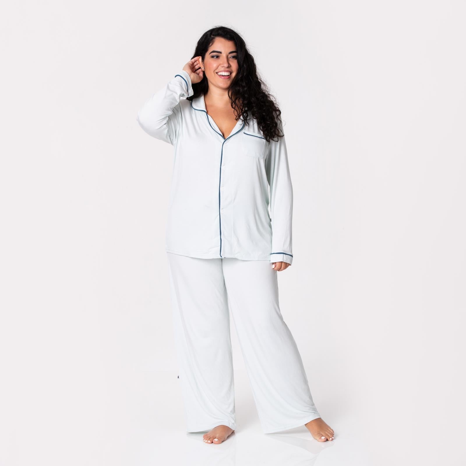 Women's Long Sleeved Collared Pajama Set in Fresh Air with Deep Sea