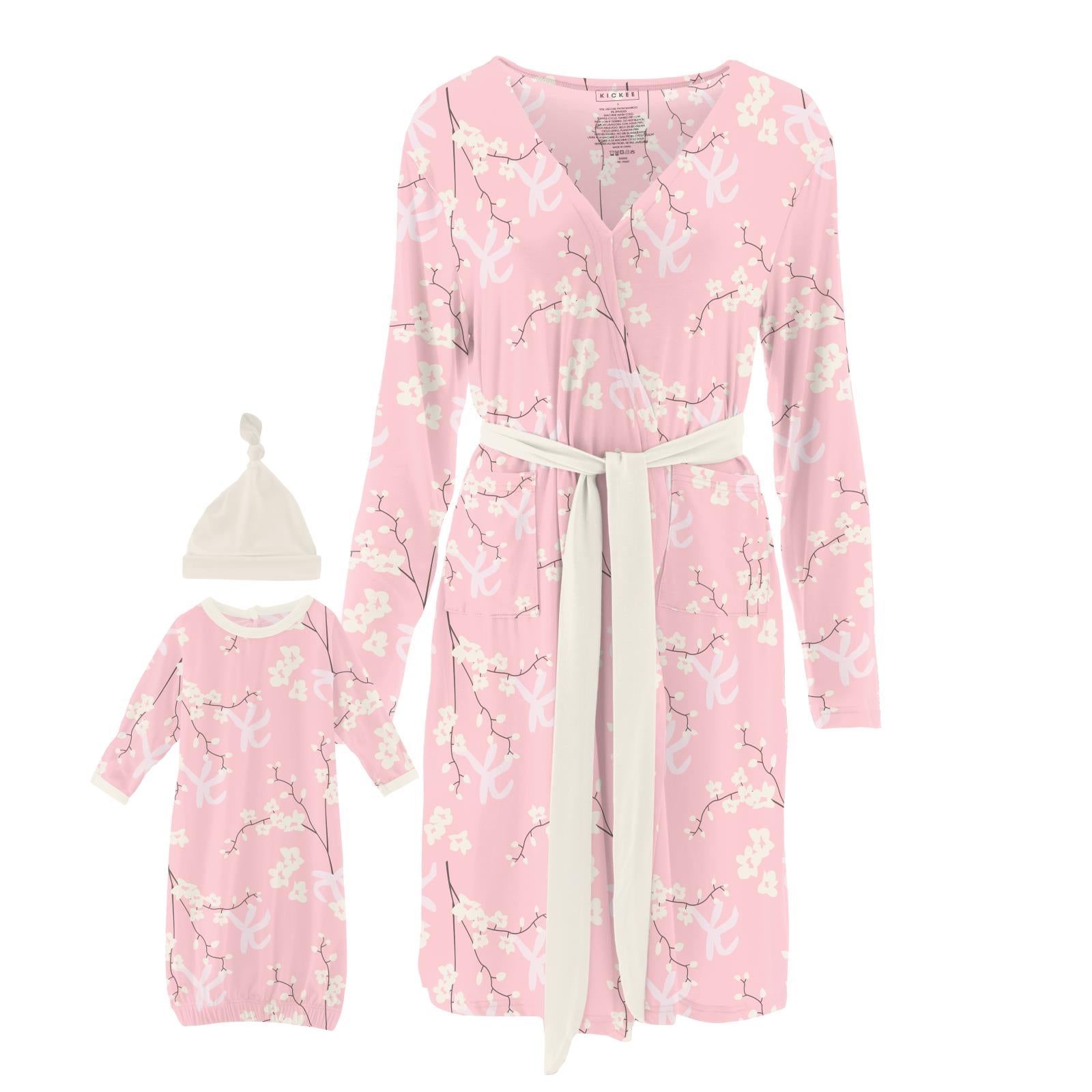 Women's Print Mid Length Lounge Robe & Layette Gown Set in Lotus Orchi