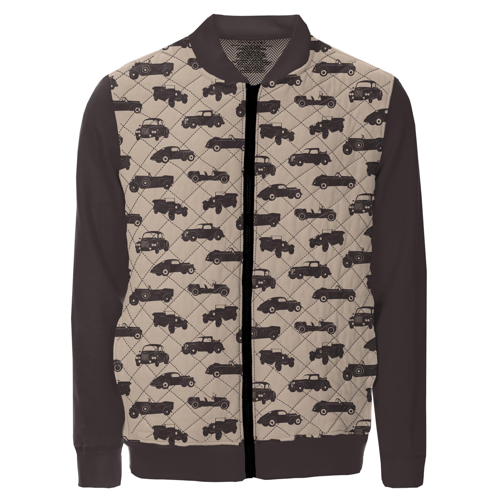 Men's Print Quilted Jacket in Burlap Vintage Cars/Herringbone