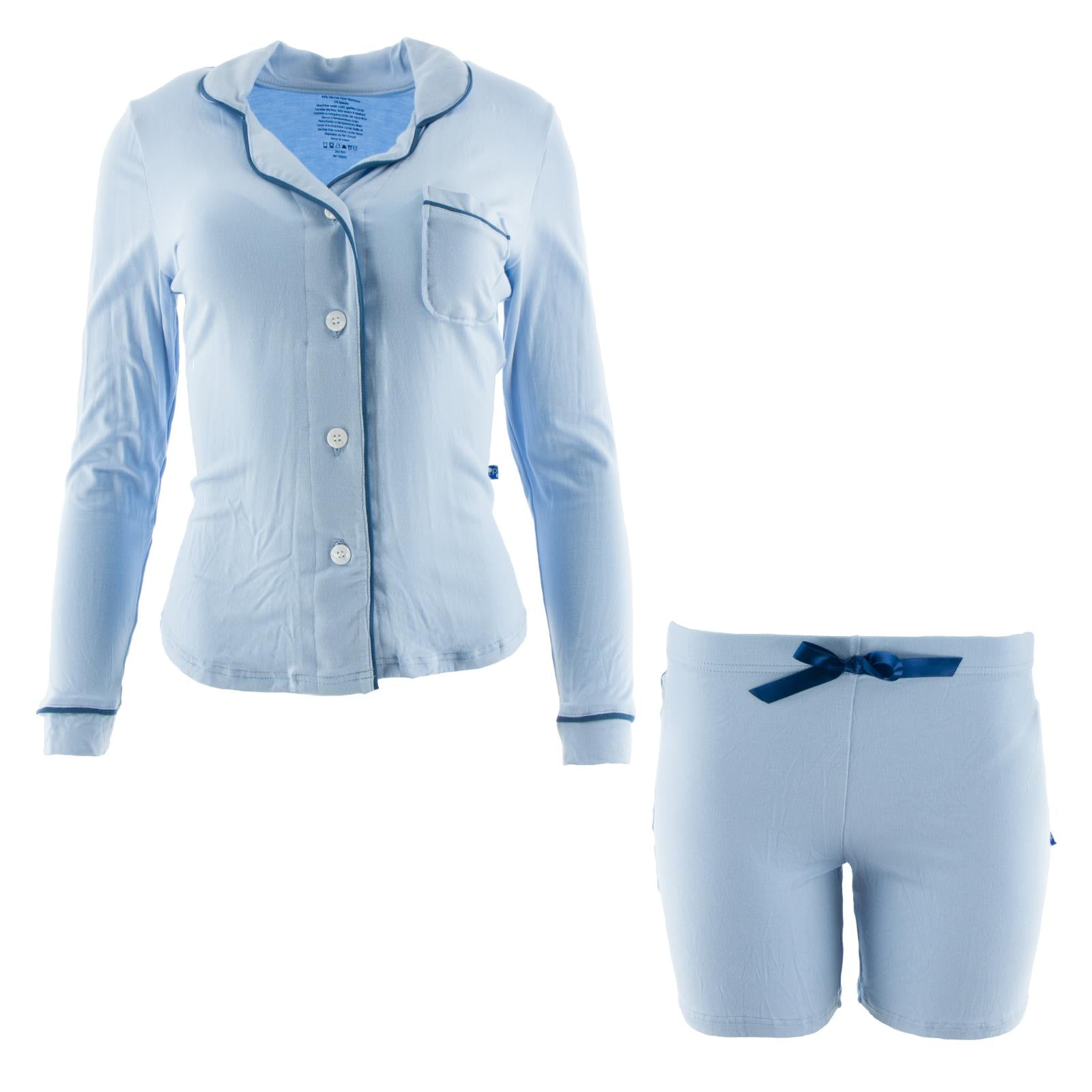 Women's Collared Pajama Set with Shorts in Pond with Twilight Trim