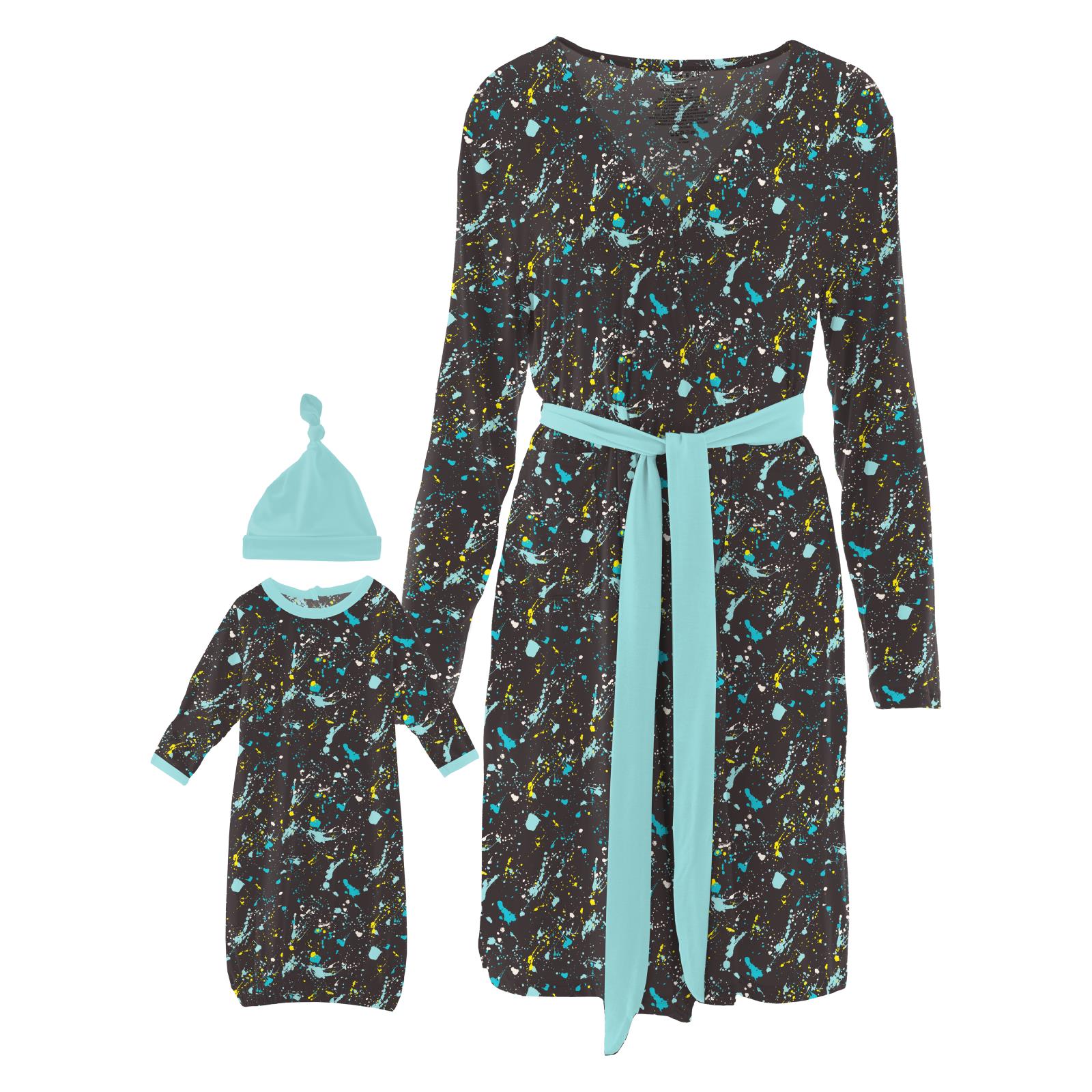 Women's Print Mid Length Lounge Robe & Layette Gown Set in Confetti Sp