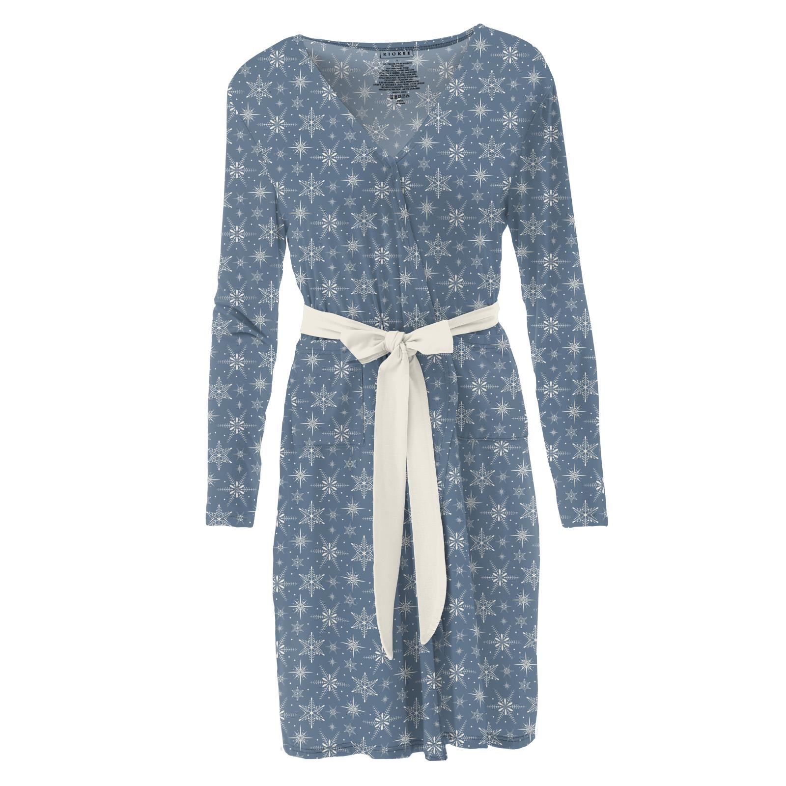 Women's Print Mid Length Lounge Robe in Parisian Blue Snowflakes